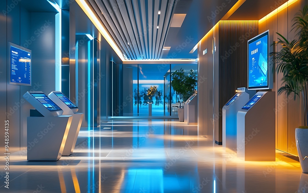 Futuristic Bank Lobby with AI-Driven Customer Service Kiosks and ...