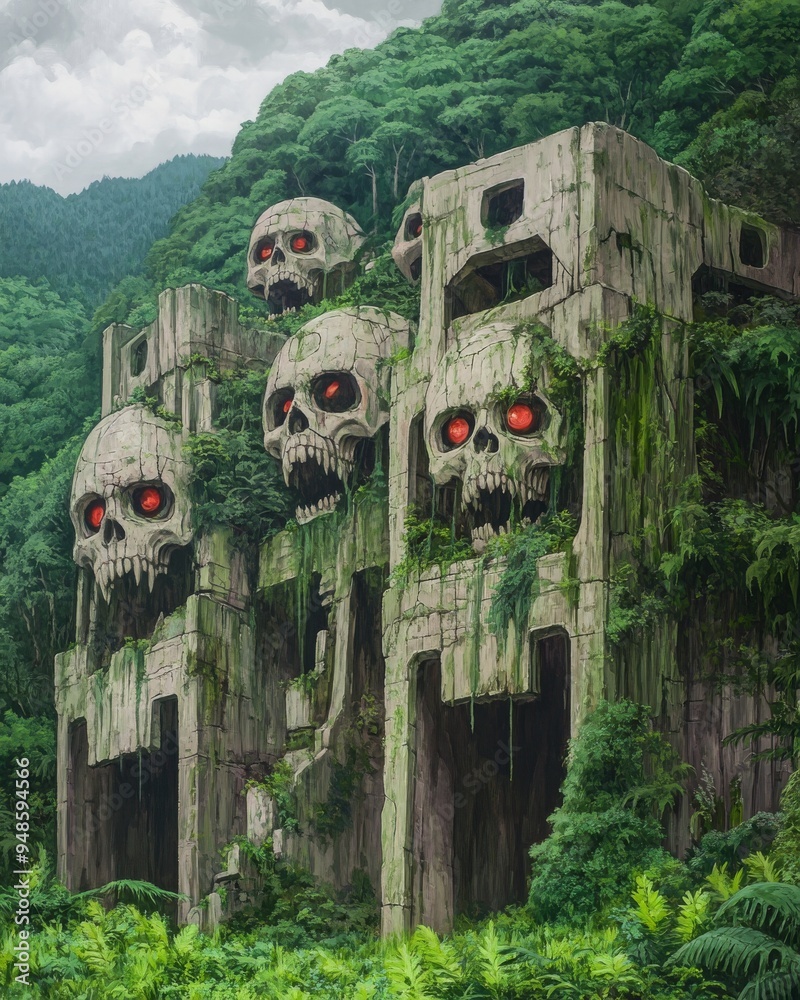 There is a mystical and haunting fantasy world where giant skulls with ...