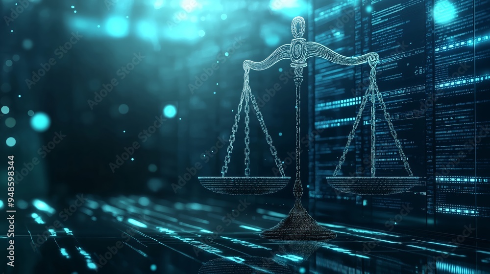 Law scales on background of data center. Digital law concept of duality ...