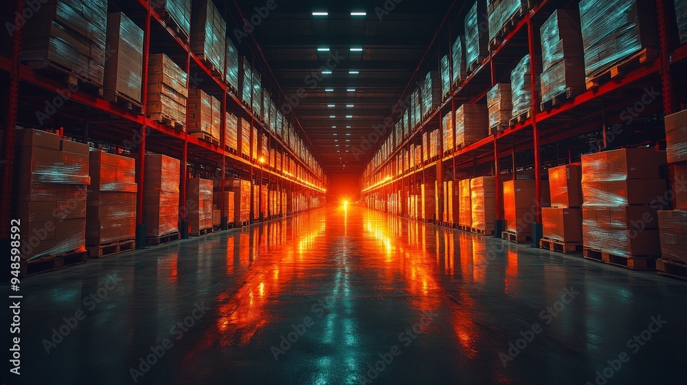 Warehouse Aisle with Glowing Lights: A long and narrow warehouse aisle ...