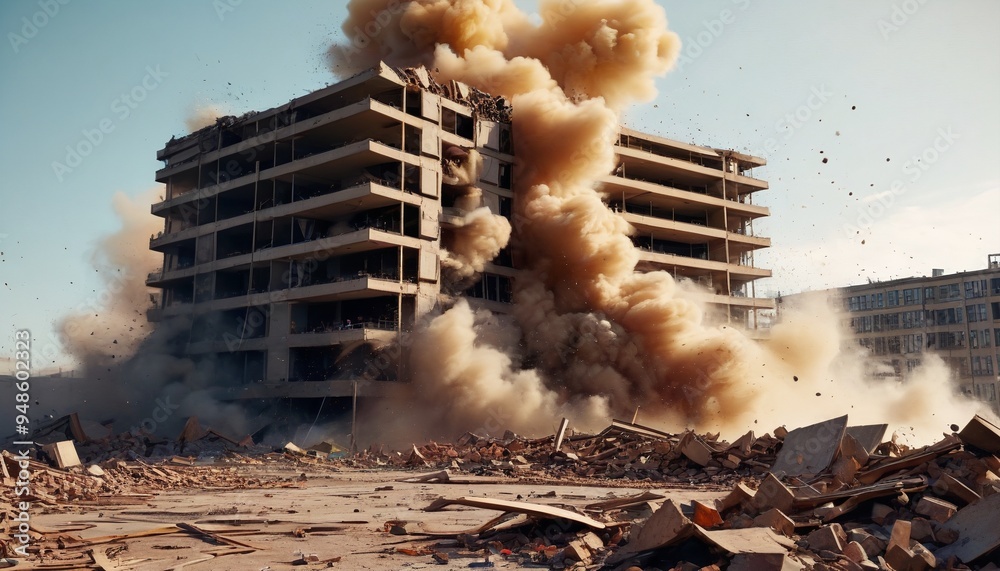 A slow-motion depiction of a building demolition, with debris and dust clouds billowing outward ...