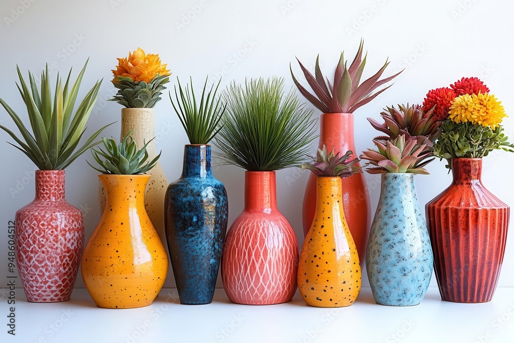eclectic collection of vibrant retro and modern vases with indoor ...
