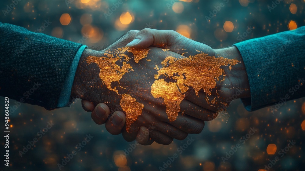 Global Business Partnership: Two hands clasp in a firm handshake, a ...