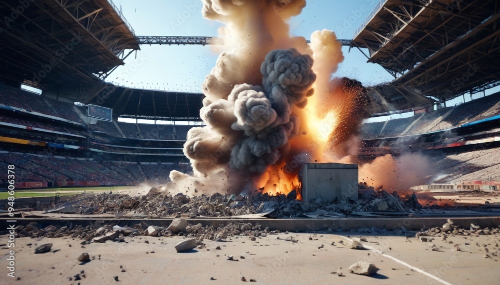 A close-up slow-motion sequence of a stadium implosion, with steel ...