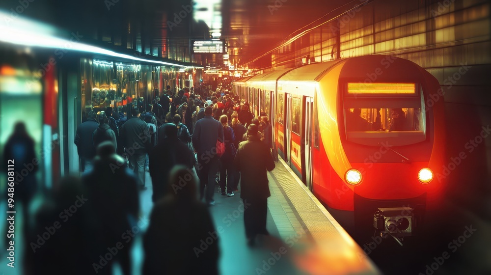 Crowded subway platform with passengers boarding a train in a dimly lit ...