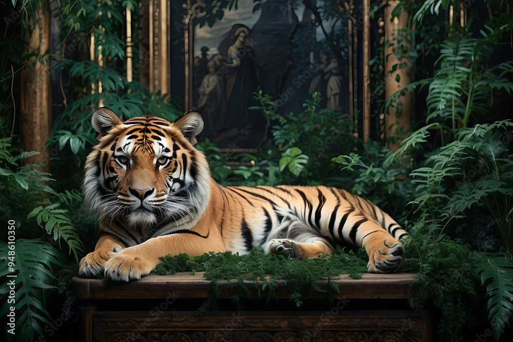 in a mesmerizing tableau, an opulently big tiger, adorned arcane ...