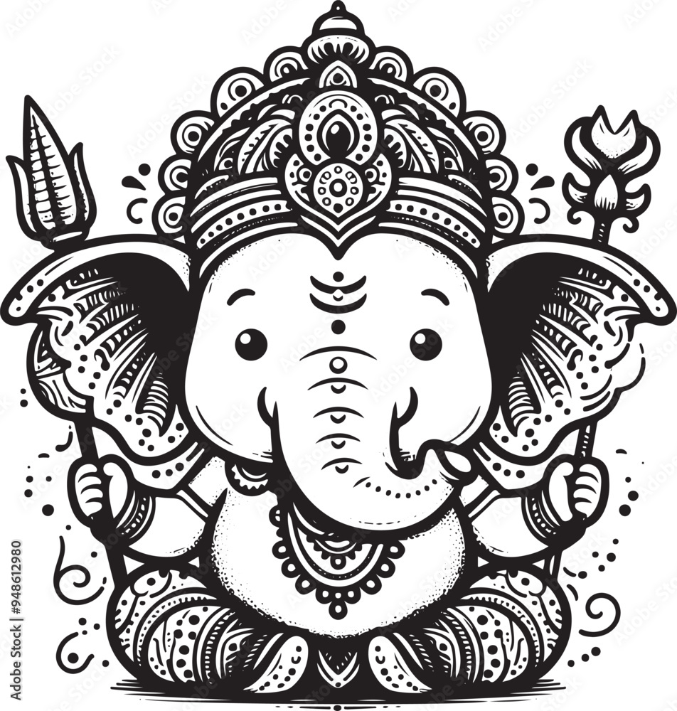 Indian God Ganapati Simple 2D Cute Single Characters with Silhouette ...