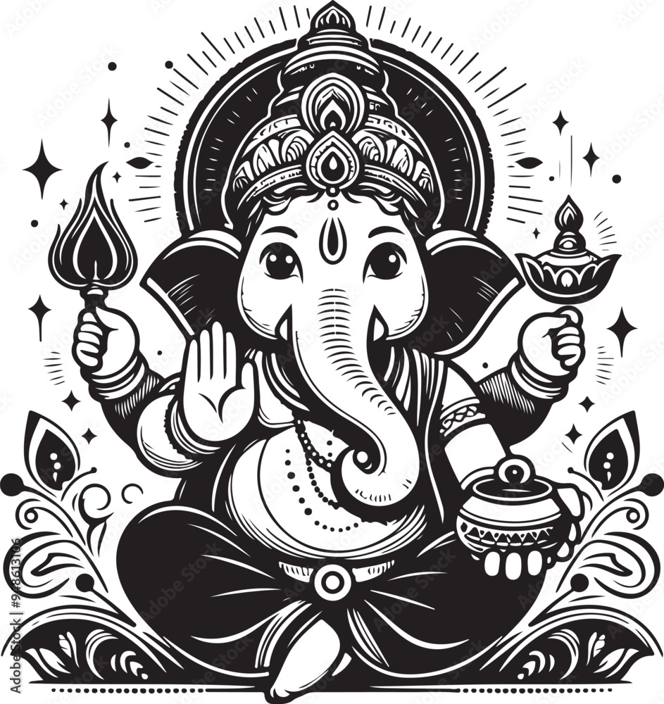 Indian God Ganapati Simple 2D Cute Single Characters with Silhouette ...