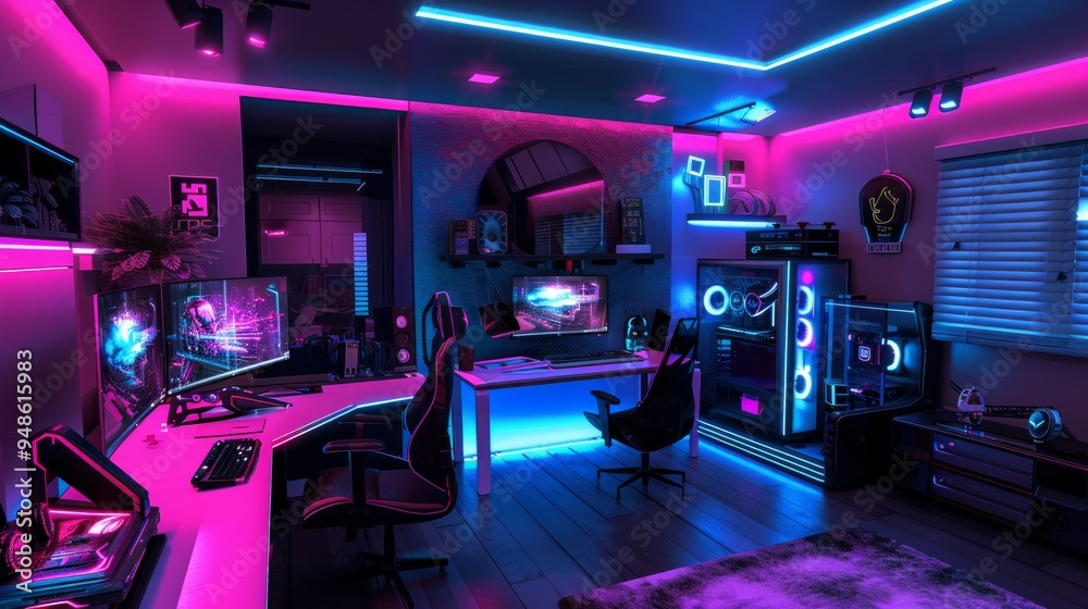 Design a futuristic gaming room with a high-end gaming PC, an ultra ...