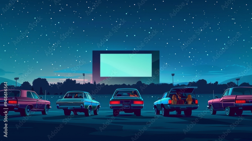 Design a nostalgic scene of a drive-in movie theater with classic cars ...