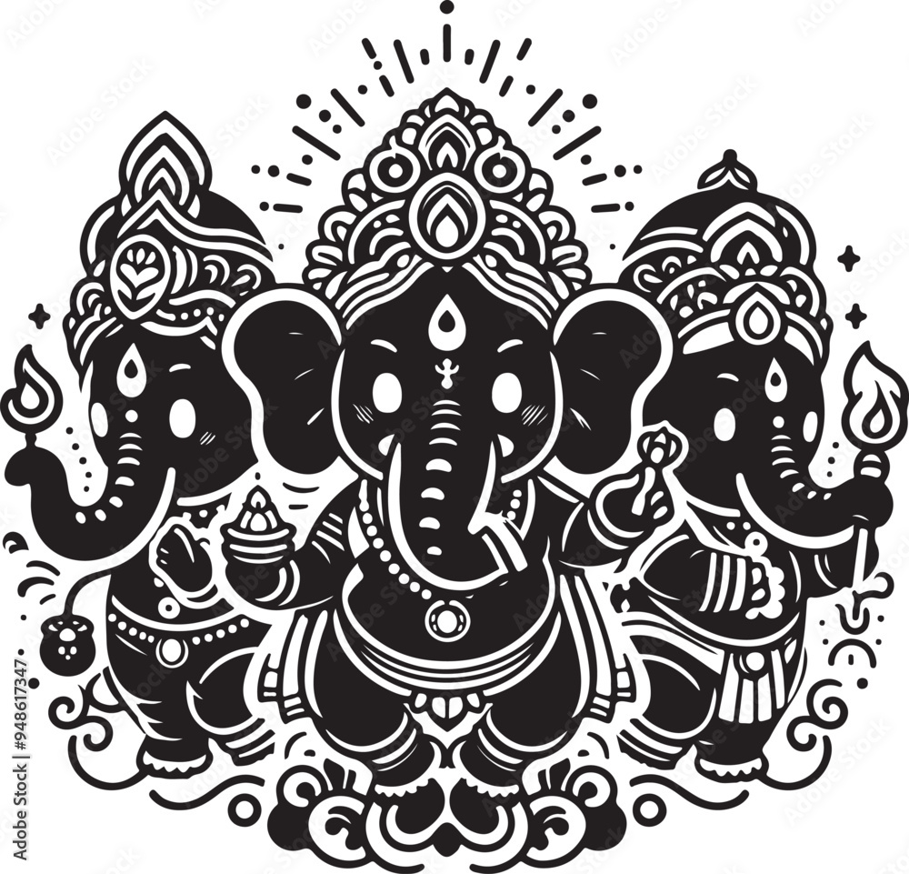Indian God Ganapati Simple 2D Cute Single Characters with Silhouette ...