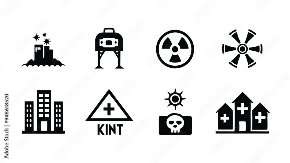 Line art icons depicting post-apocalyptic themes, including buildings ...