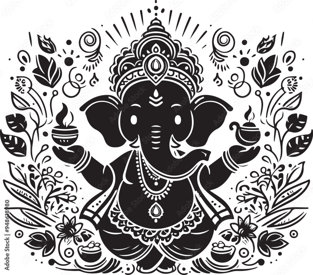 Indian God Ganapati Simple 2D Cute Single Characters with Silhouette ...
