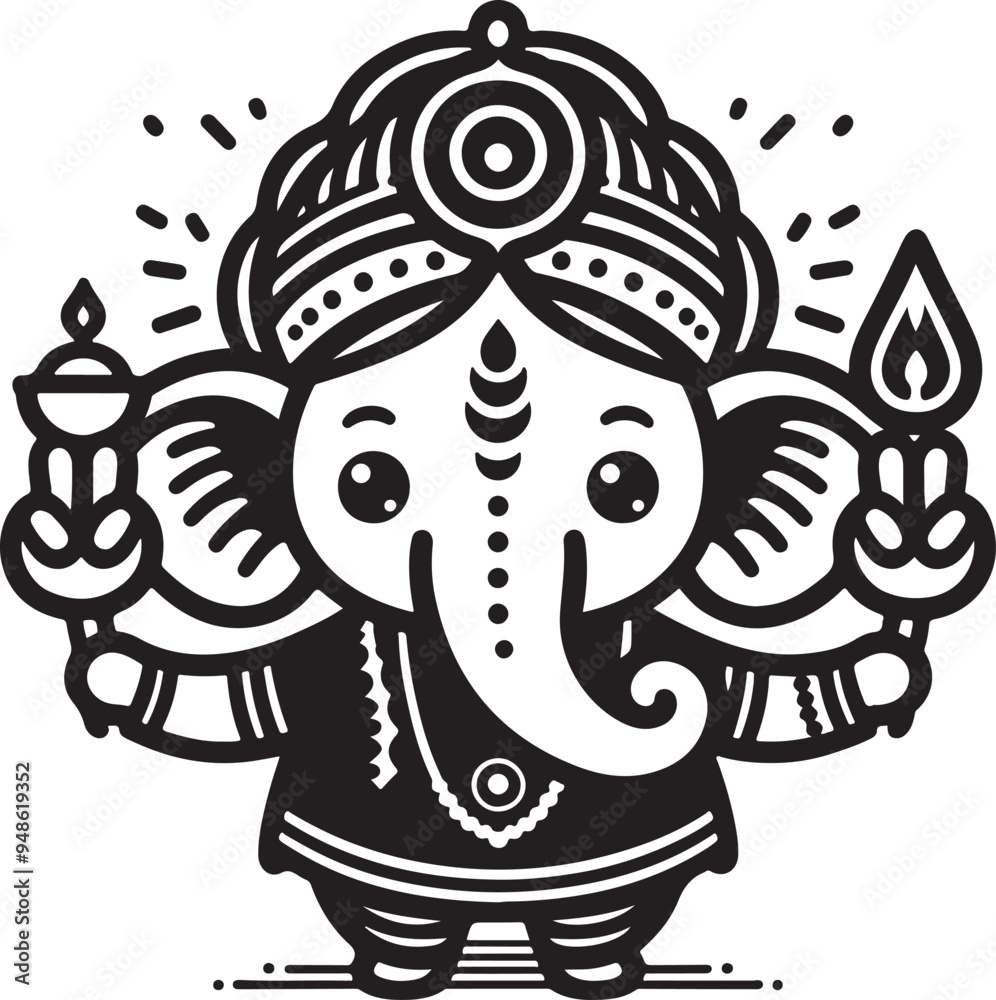 Indian God Ganapati Simple 2D Cute Single Characters with Silhouette ...