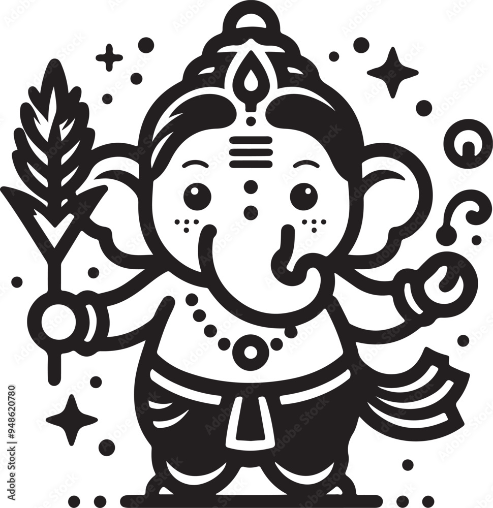 Indian God Ganapati Simple 2D Cute Single Characters with Silhouette ...