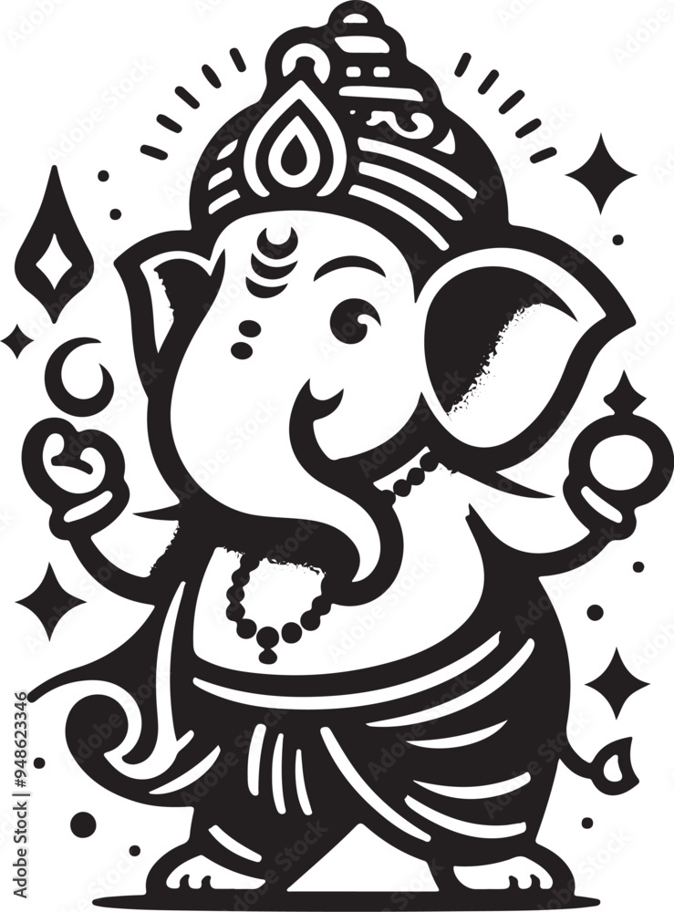 Indian God Ganapati Simple 2D Cute Single Characters with Silhouette ...