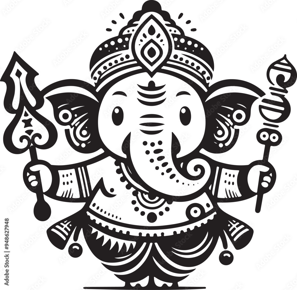 Indian God Ganapati Simple 2D Cute Single Characters with Silhouette ...
