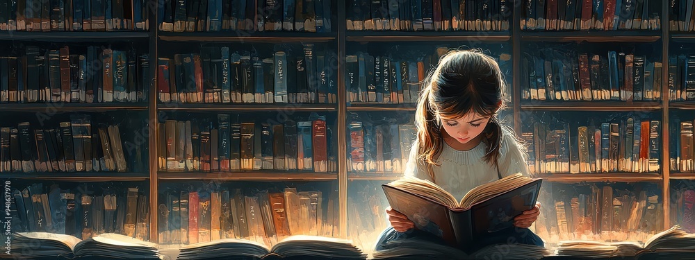 A quiet library scene where a young girl is engrossed in a fairy tale ...