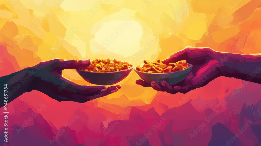 An illustration of diverse hands reaching out to offer food to a ...