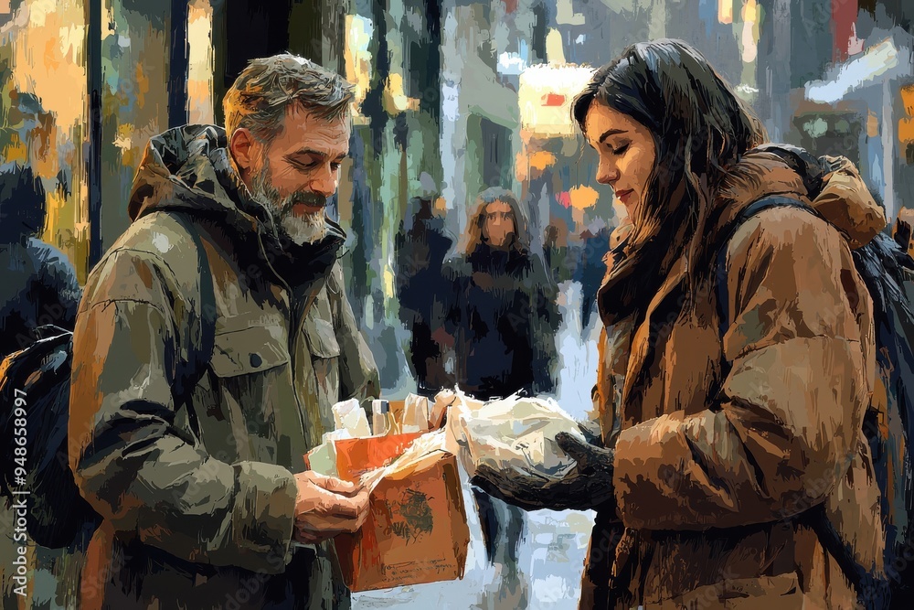 Volunteers handing out hygiene kits to the homeless, with space for a ...