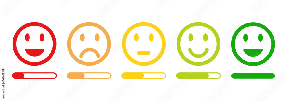 rating emojis set in different colors outline, feedback emoticons ...