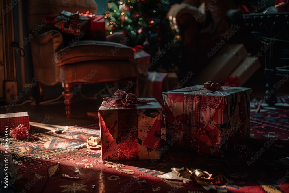 Type: medium shot, , Subject: creepy Christmas presents with ominous ...