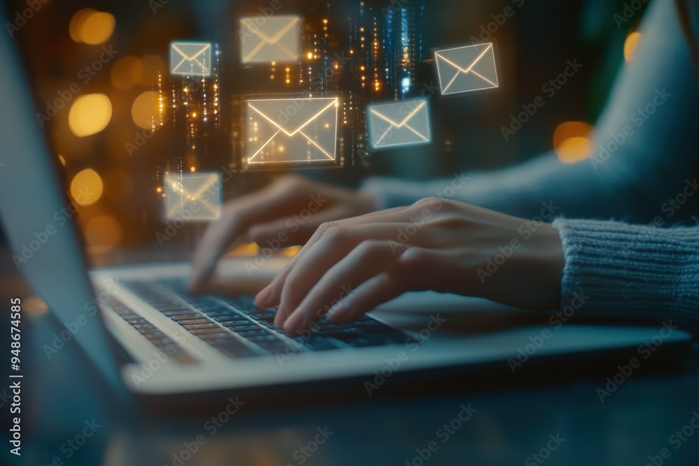 A person sitting at their laptop, typing out an email with multiple ...