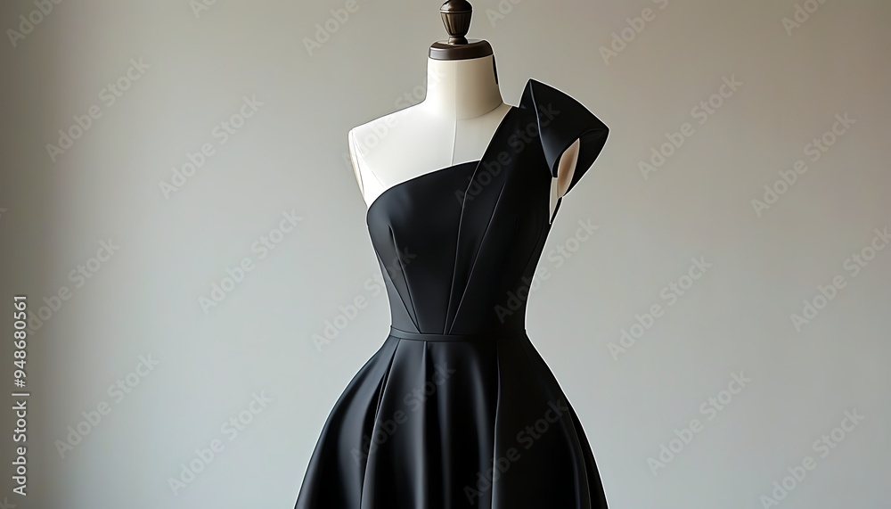 A uniquely designed black dress is displayed against a simple ...