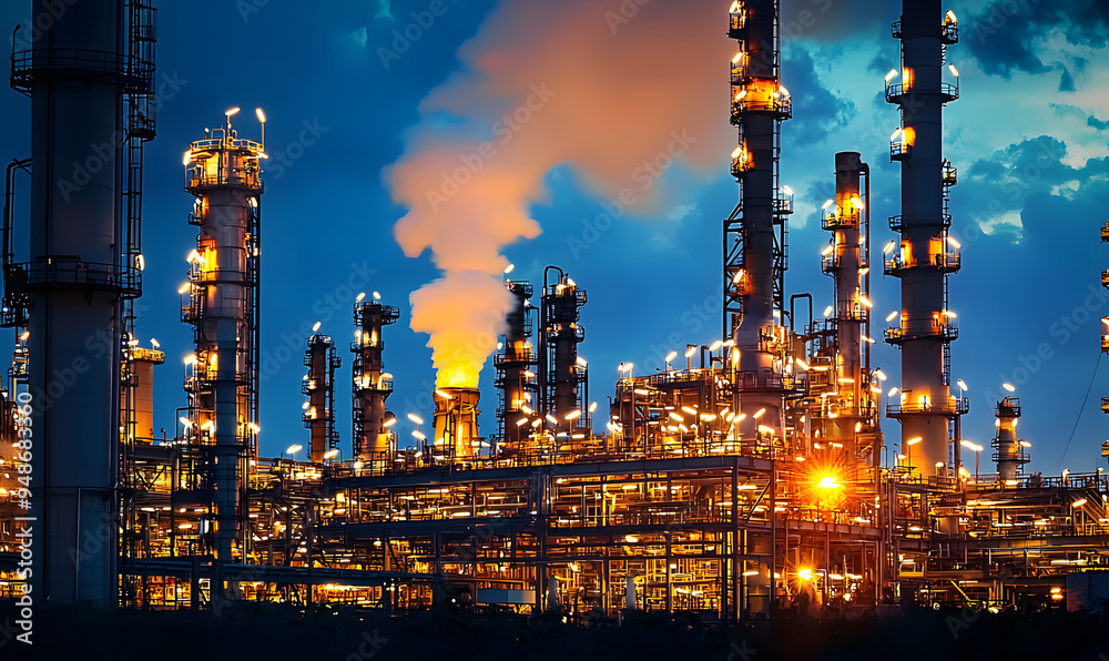 A large oil and gas factory plant with smoke coming from the chimneys ...