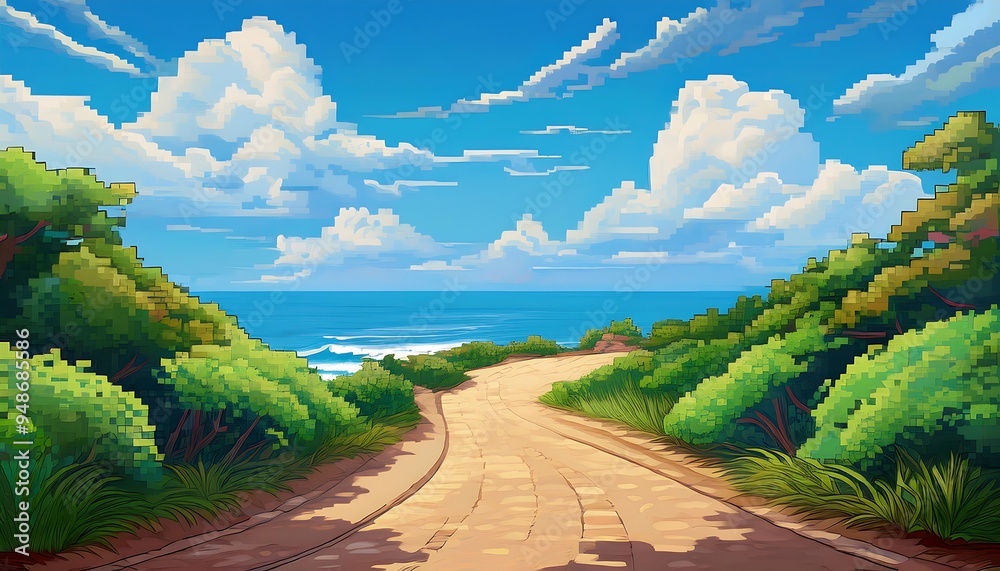 Pixelated Sunlit Coastal Path - a narrow road with pixel art-style ...
