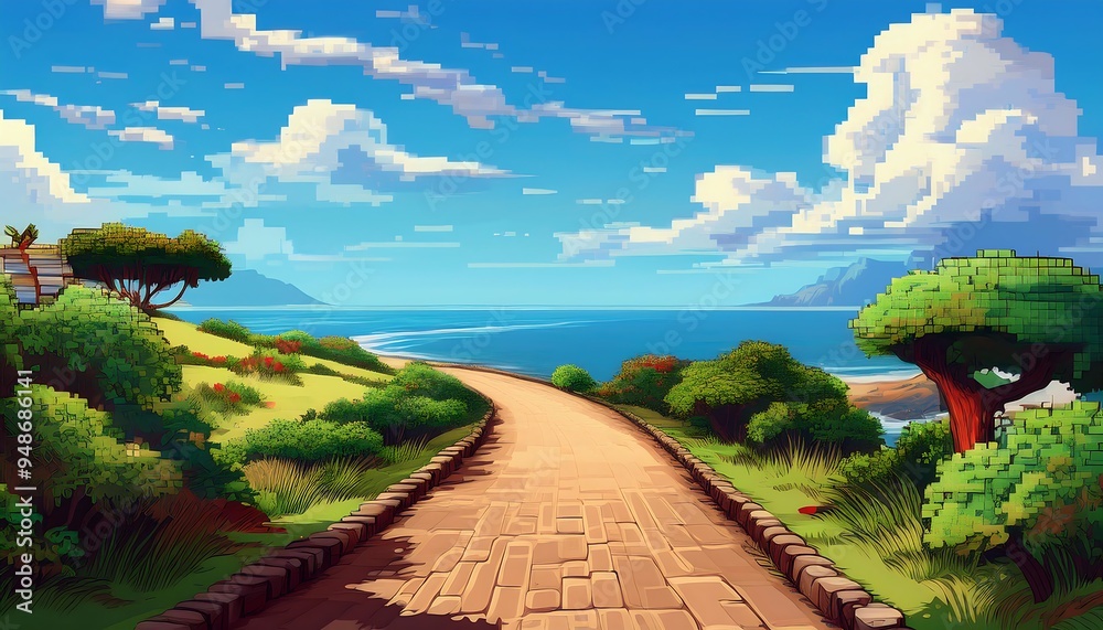 Pixelated Sunlit Coastal Path - a narrow road with pixel art-style ...