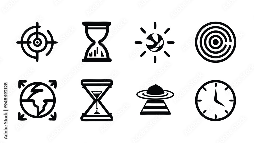 Set of 6 time travel icons in line style target, hourglass, sun with ...