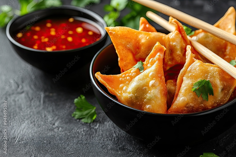 Chinese takeaway finger food vegetable wontons with sweet chilli dip ...