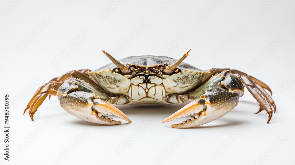 A whole raw crab with its legs and claws spread out, captured on a ...