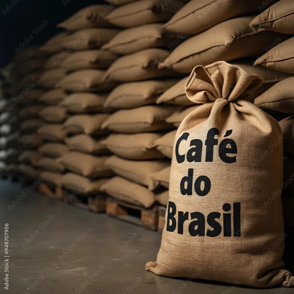 Saca de café com várias sacas empilhadas ao fundo. Sacas de café. Café ...