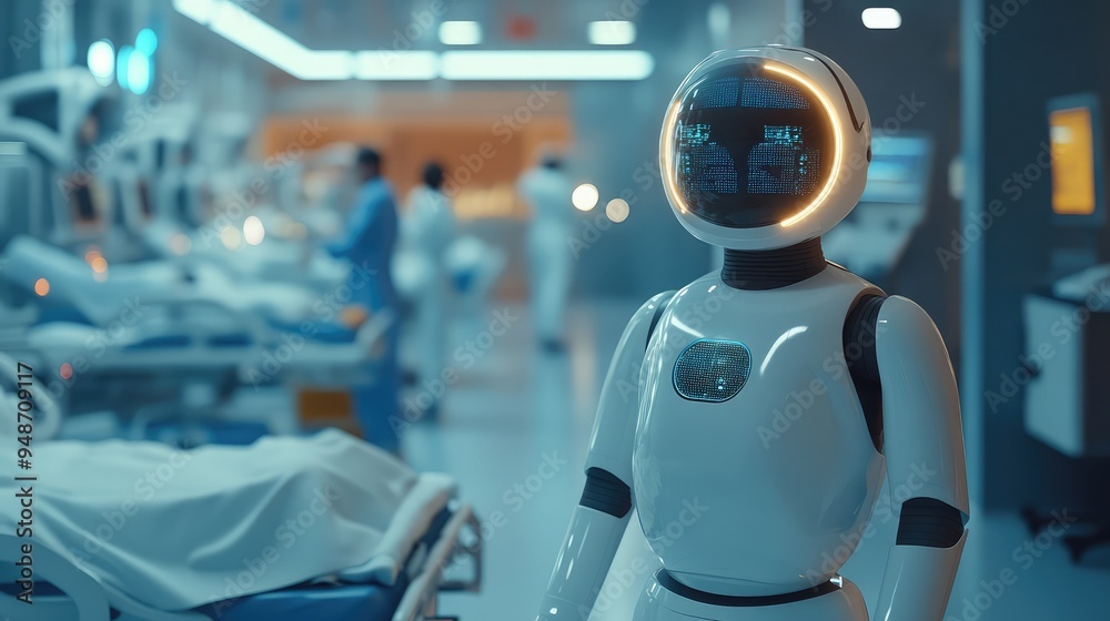Futuristic AI-powered healthcare with robots assisting doctors in a ...