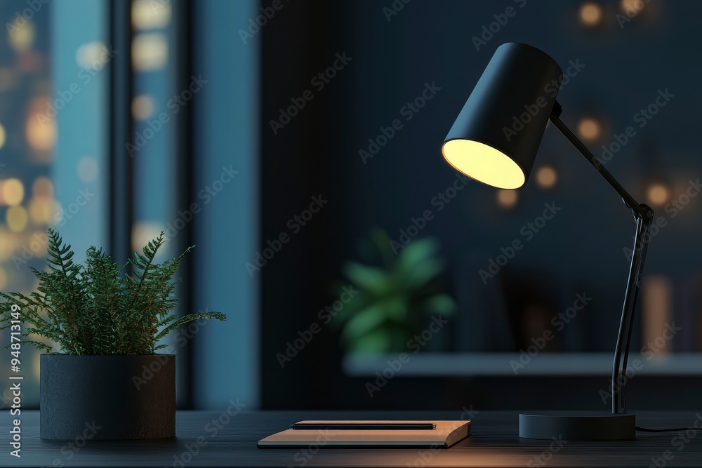 close-up image, Modern stylish dark workspace tabletop with table lamp ...