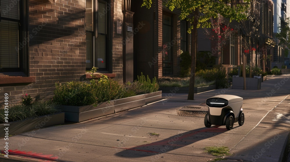 Autonomous delivery robot on a city street sidewalk. Stock Illustration ...