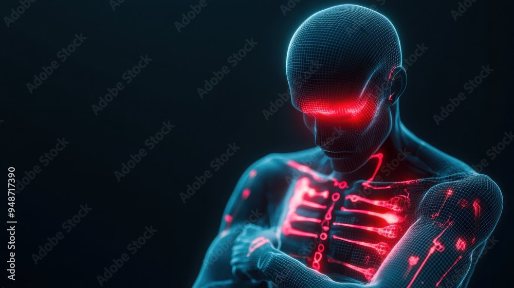 Futuristic athlete suffering a sport injury, with glowing red ...