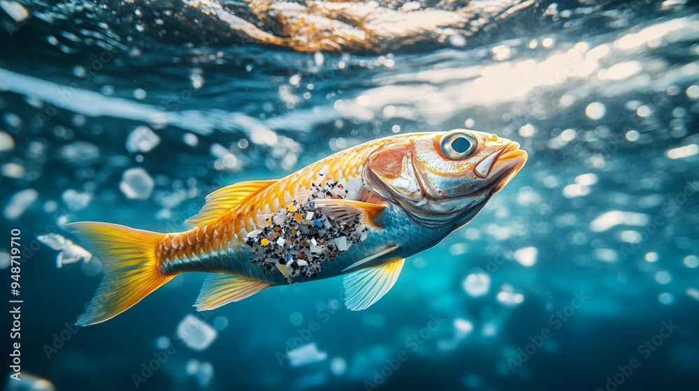A fish, swimming in a polluted ocean, disintegrating into microplastics ...