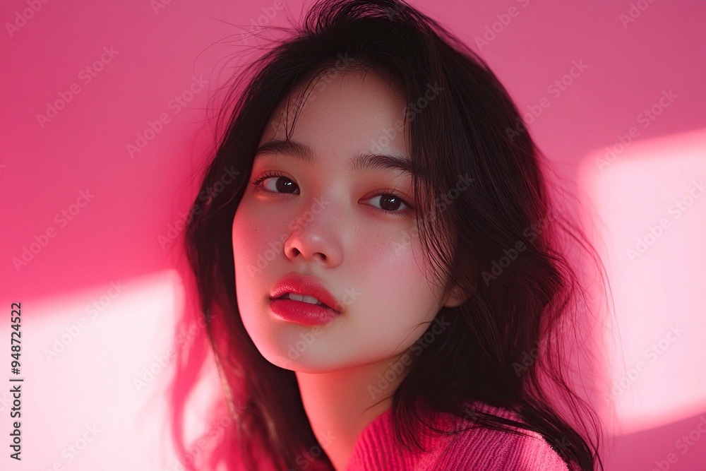 Light beauty portrait of a young Asian woman shot against a pink ...