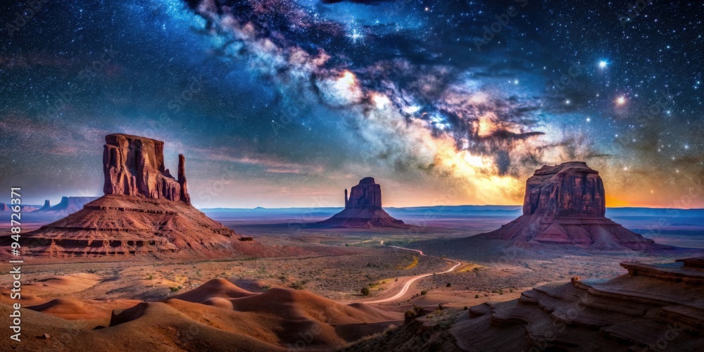Starry night sky over the iconic monuments of Monument Valley, starry ...