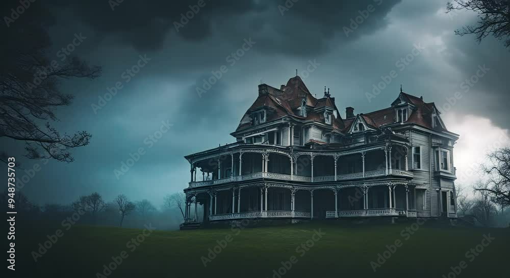 Night scene with misty haunted house mystery house in a thriller film ...