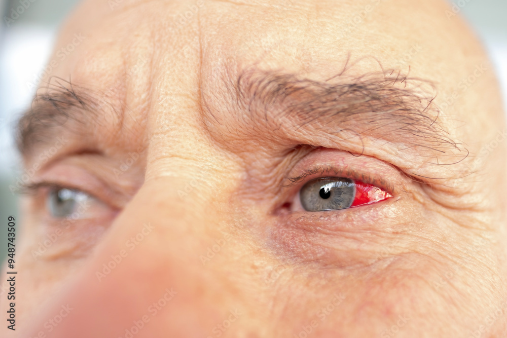 Bloodshot male eye in close-up shot, revealing raw detail burst vessel ...