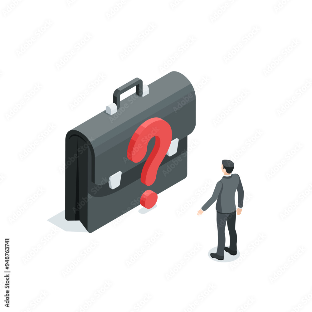 isometric vector business man standing near briefcase with question ...