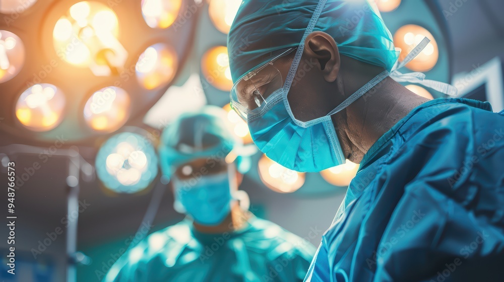 Surgeons performing a complex procedure in a modern operating room with ...