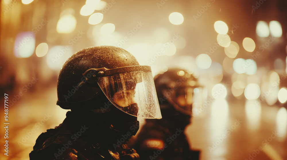 This image features a police officer in riot gear attentively watching ...