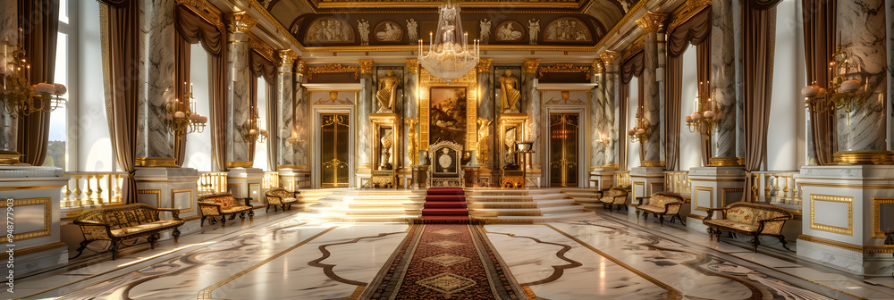 Opulent Throne Room with Majestic Central Throne, Intricate Carvings ...