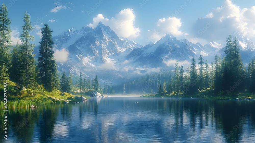 Tranquil Lake Amidst Majestic Pines and Distant Peaks, a peaceful refuge where towering trees ...