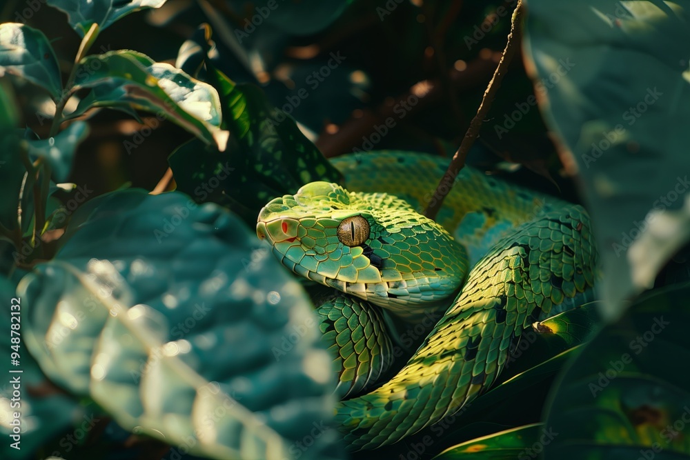 close up brightly colored green viper resting among the leaves, highing ...